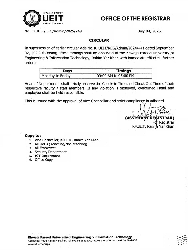 249 Circular Official Timings | PDF