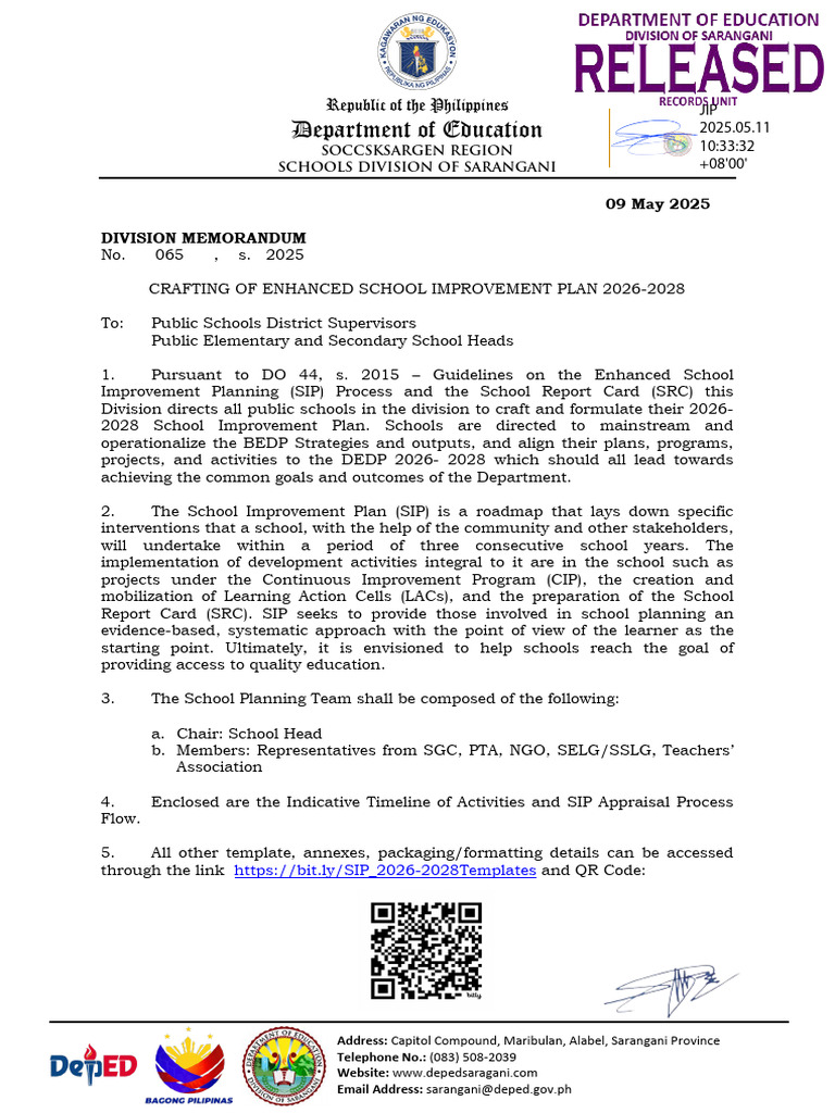 DM 065 2025 Crafting of Enhanced School Improvement Plan 2026 2028 | PDF