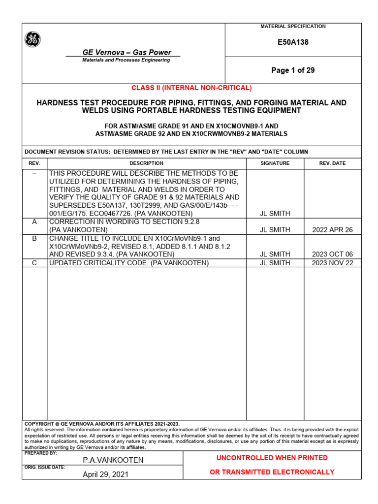E50a138 - Hardness Test Procedure For Piping, Fittings, and Forging ...