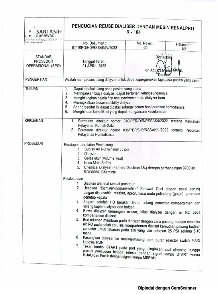Persetujuan Penggunaan Dializer Reuse | PDF