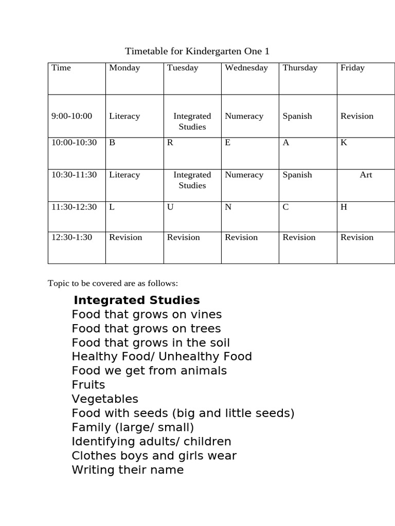 Timetable For Kindergarten One 1: Integrated Studies | PDF