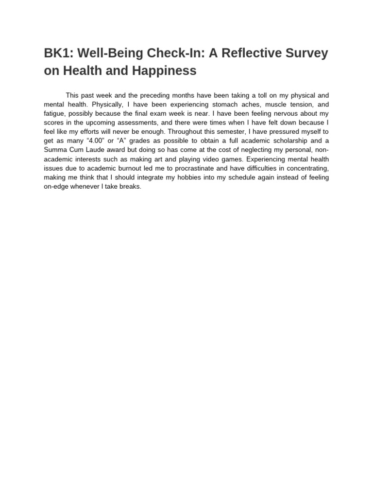 FLJ BK1 - Well-Being Check-In Essay | PDF