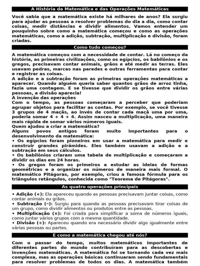 História das Operações Matemáticas | PDF | Matemática | Antigo Egito