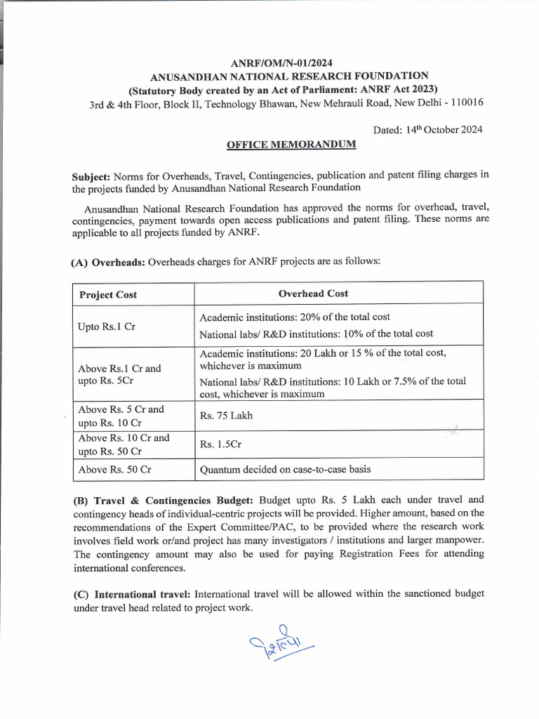 OM Overhead ANRF | PDF