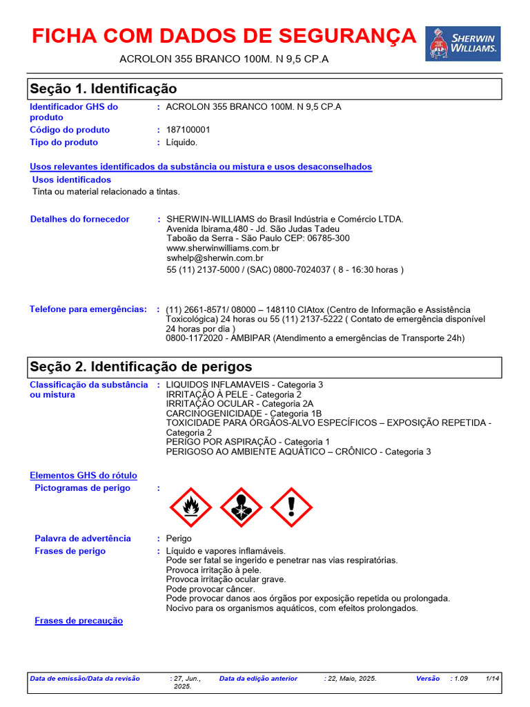 Ficha de Segurança: Acrolon 355 Branco | PDF | Desperdício | Águas ...