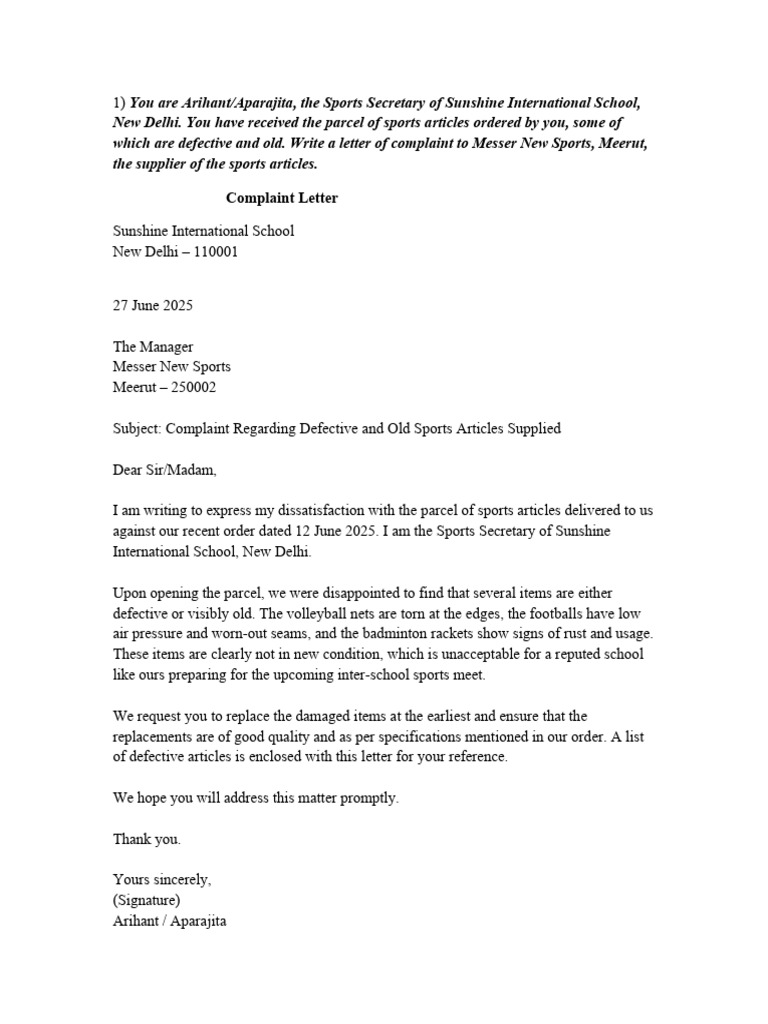 Complaint Letters CBSE Grade10 | PDF | Public Health