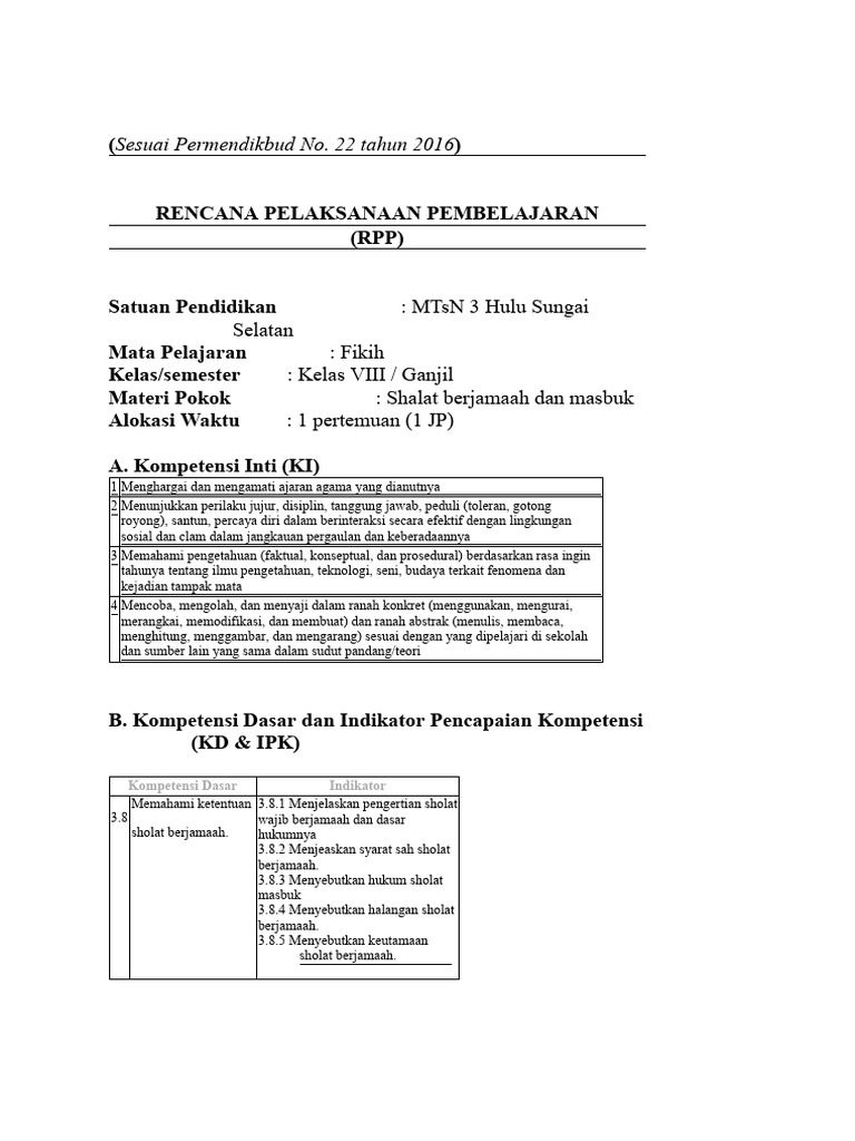 RPP Fiqih, Shalat Berjamaah Dan Masbuk, M.riduan | PDF