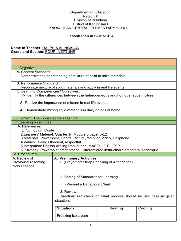 Science Lesson Plan Grade 4 | PDF | Mixture