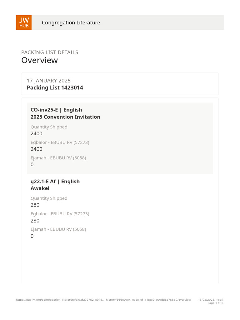 Shipment History - Congregation Literature - JW Hub | PDF | Bible ...