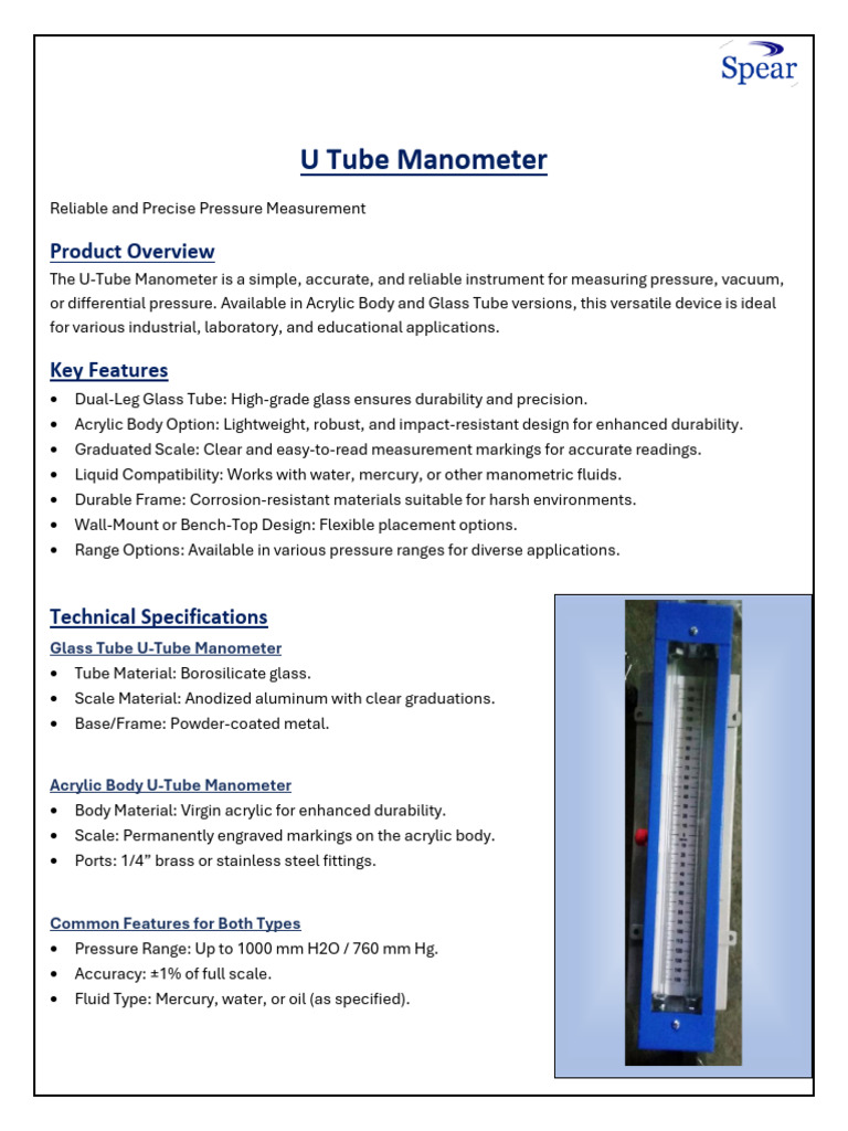 U-Tube Manometer: Precision Pressure Tool | PDF | Pressure Measurement ...