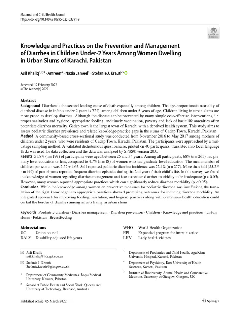 Khaliq Et Al-2022-Maternal and Child Health Journal | PDF | Diarrhea | Slum