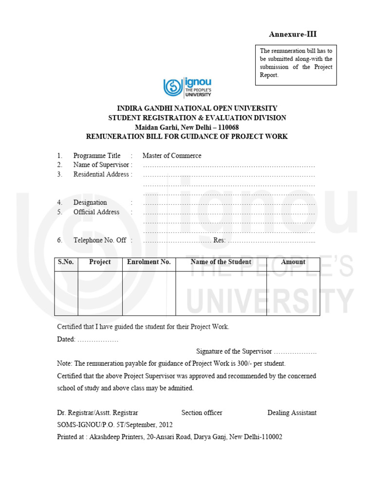 IGNOU Project Work Remuneration Bill | PDF