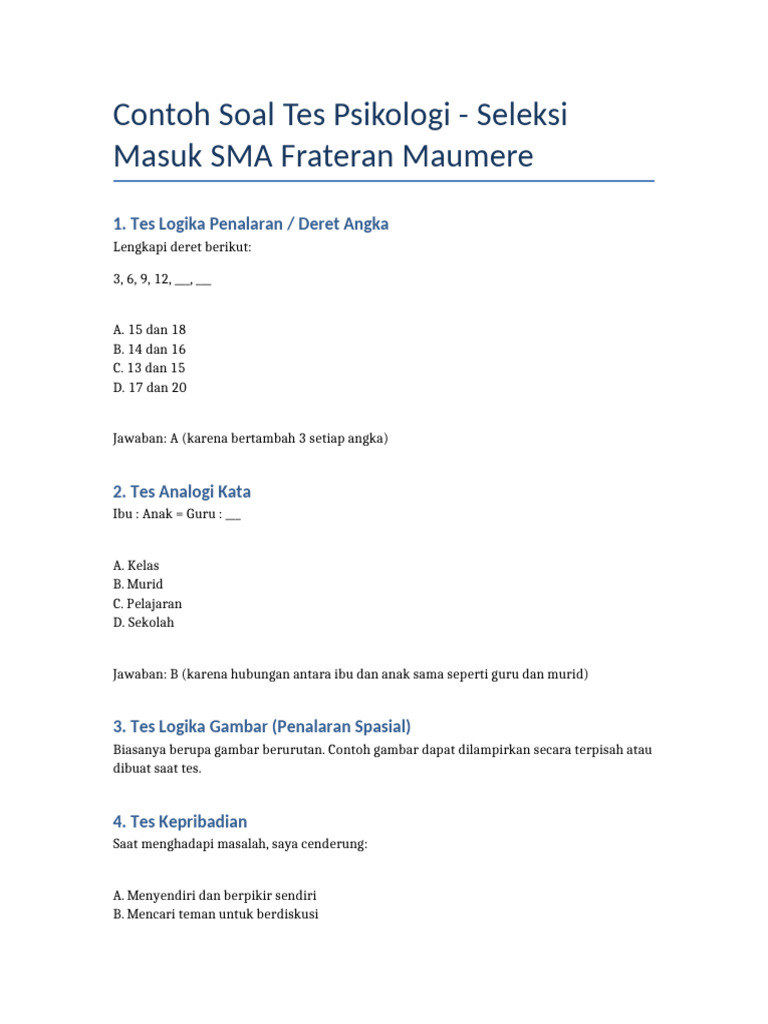 Contoh Tes Psikologi SMA Frateran Maumere | PDF