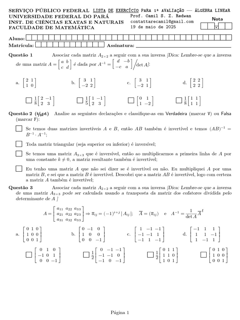 Lista de Exercícios de Álgebra Linear | PDF | Matriz (Matemática ...