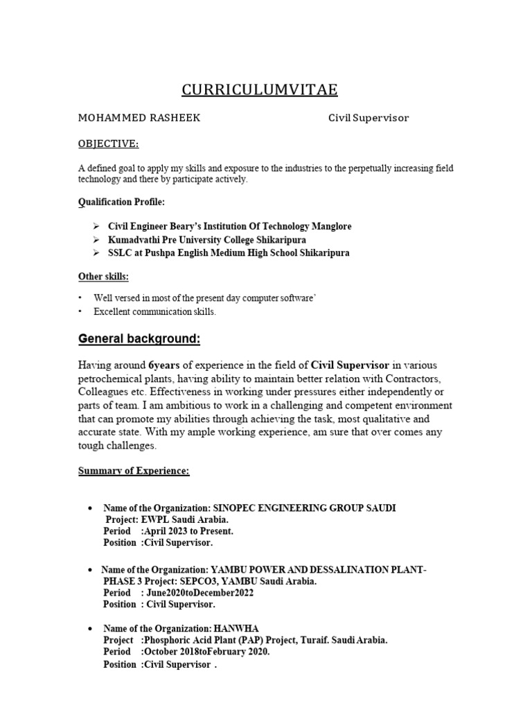 Rasheek Civil Supervisor 01 | PDF | Concrete | Building Engineering