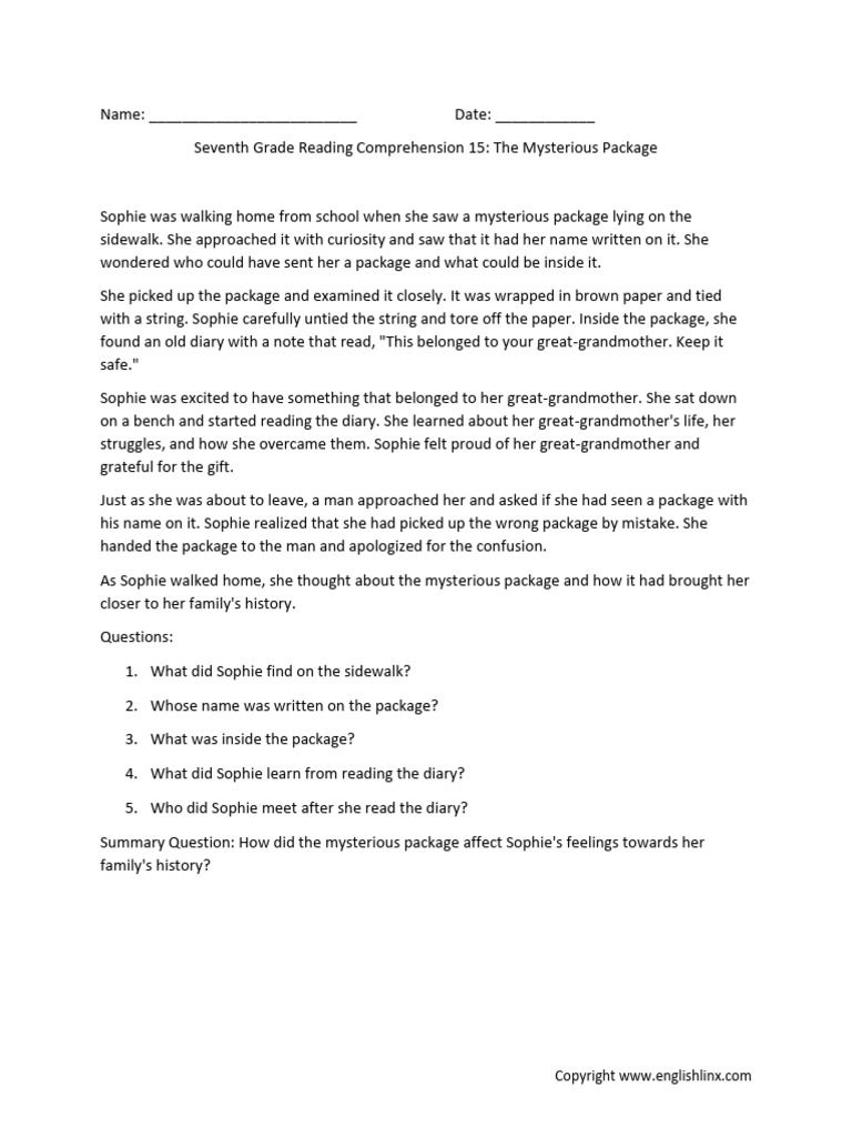 Reading Comprehension Grade 7 Mysterious Package 15 | PDF