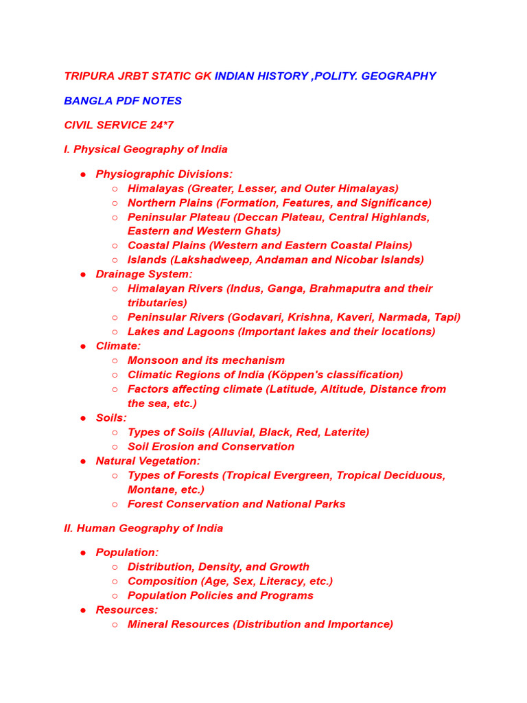 Static GK Indian History, Polity Geography Bangla PDF Notes | PDF