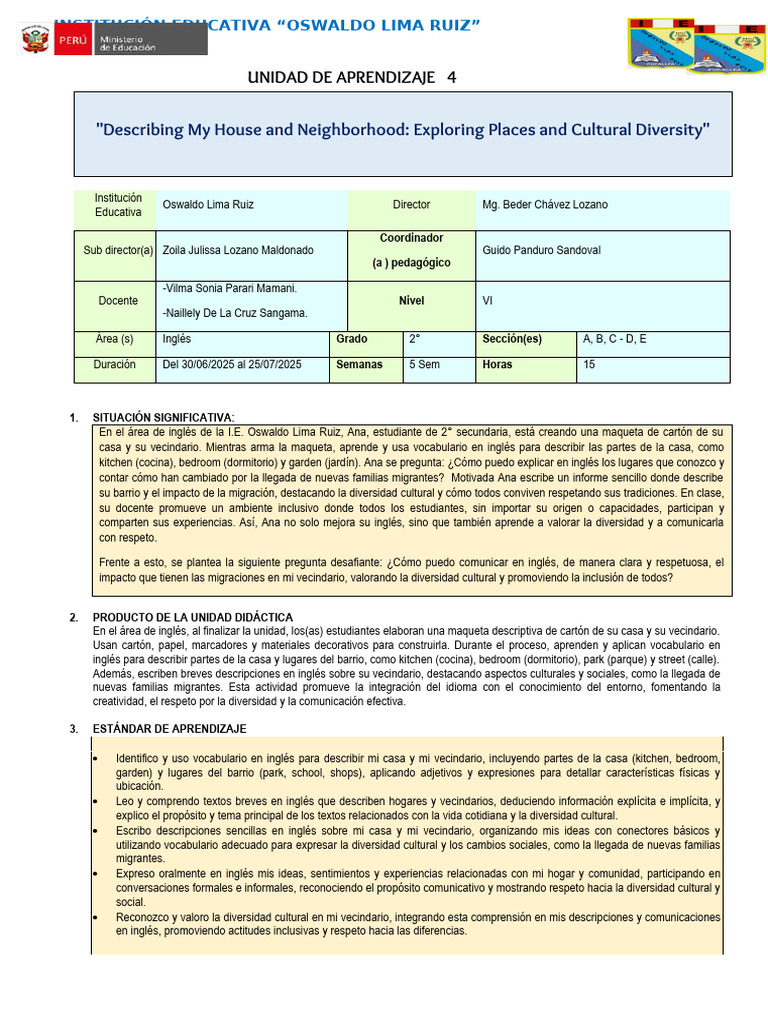 Unidad N°04 - 2° GRADO - OSWALDO LIMA RUÍZ 2025 | PDF | Aprendizaje | Idioma en Inglés