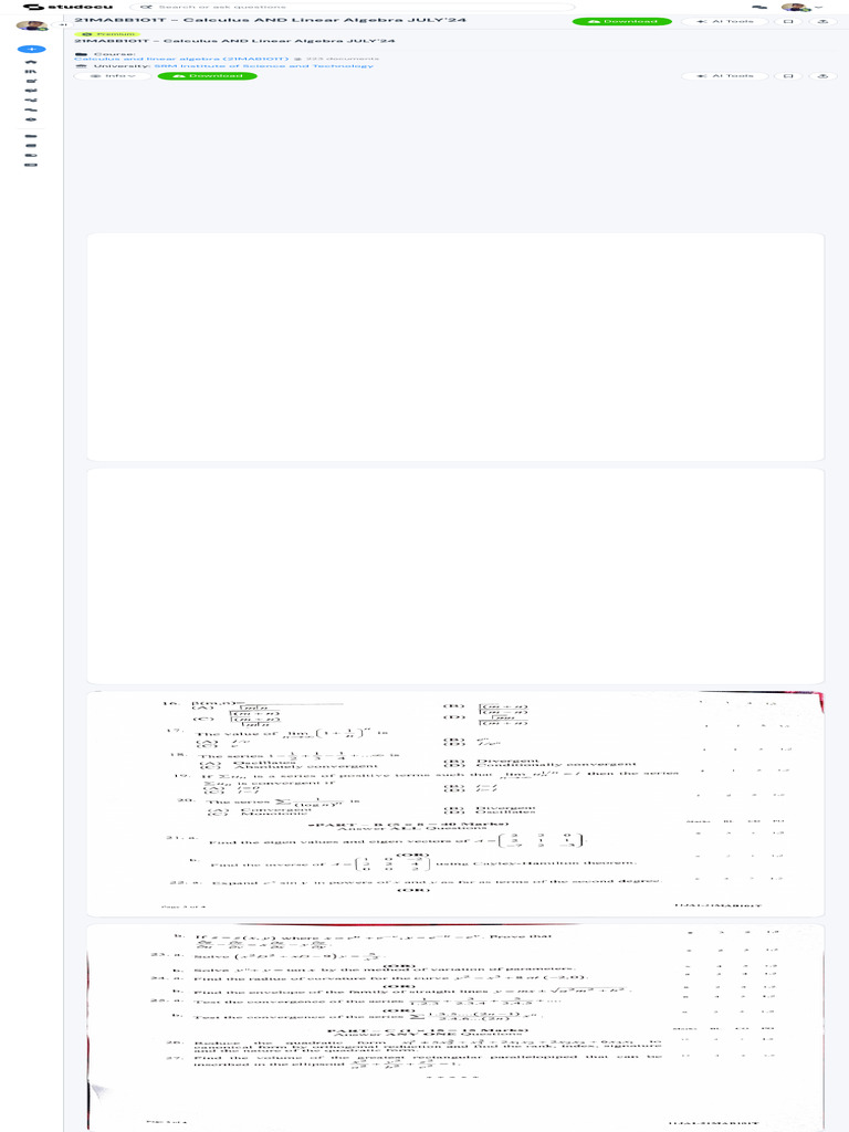 21MABB101T - Calculus AND Linear Algebra JULY'24 - Note (I) (Ii) 1 ...
