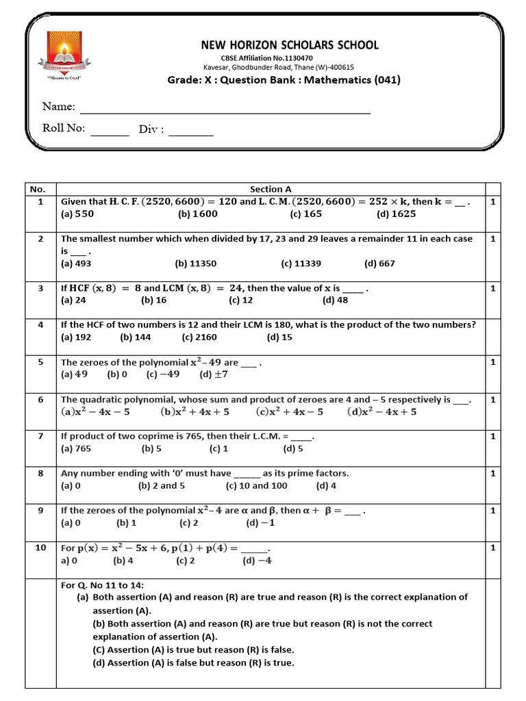Grade X Question Bank PA1 - 250707 - 145621 | PDF | Mathematical ...