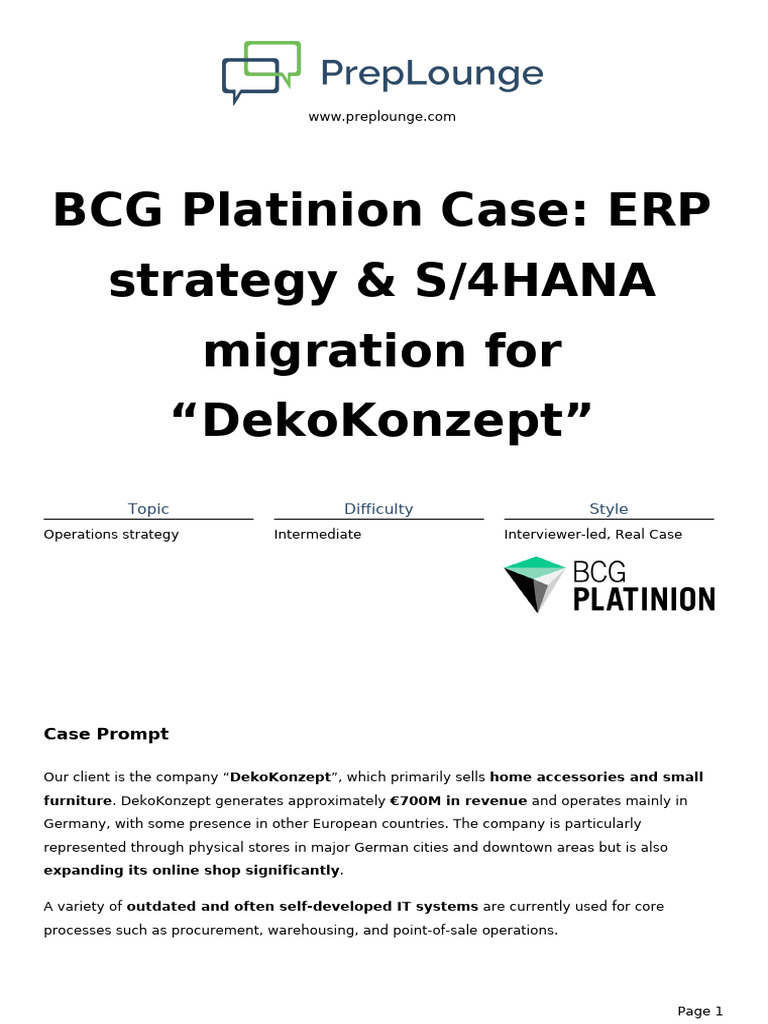 Case - BCG Platinion Case ERP Strategy S4HANA Migration For DekoKonzept | PDF | Enterprise ...