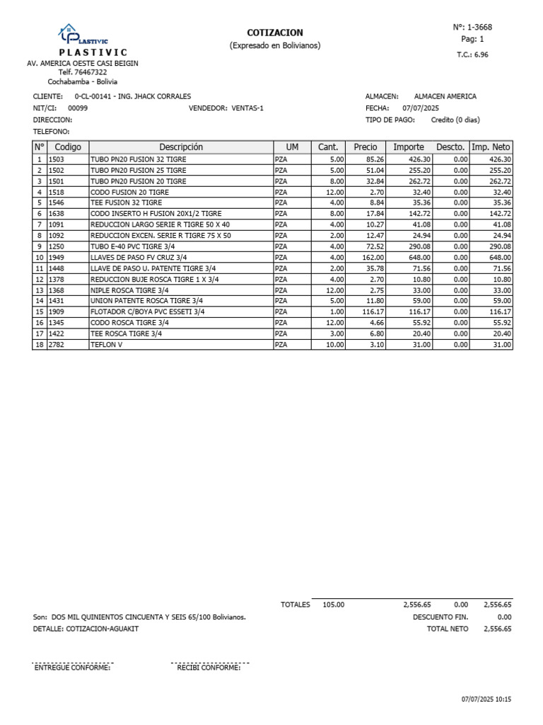 COT.1-3700 Cotización de Mercado y Plomeria | PDF