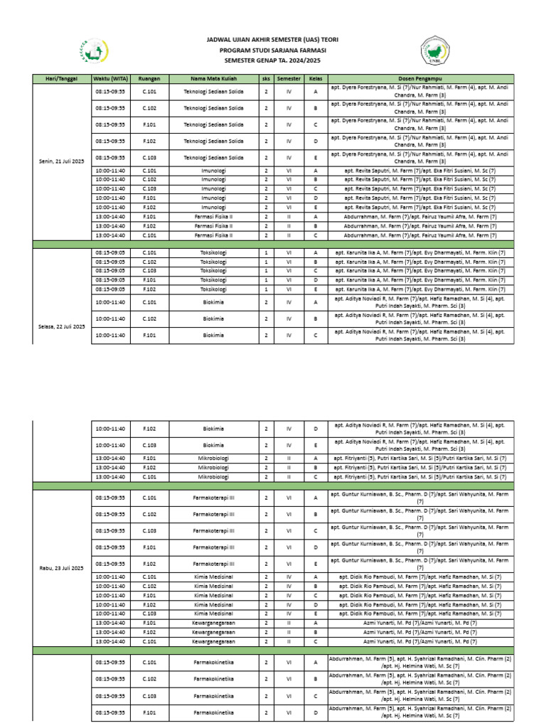 Jadwal UAS Sem Genap TA. 2024 - 2025 - Teori-Digabungkan | PDF