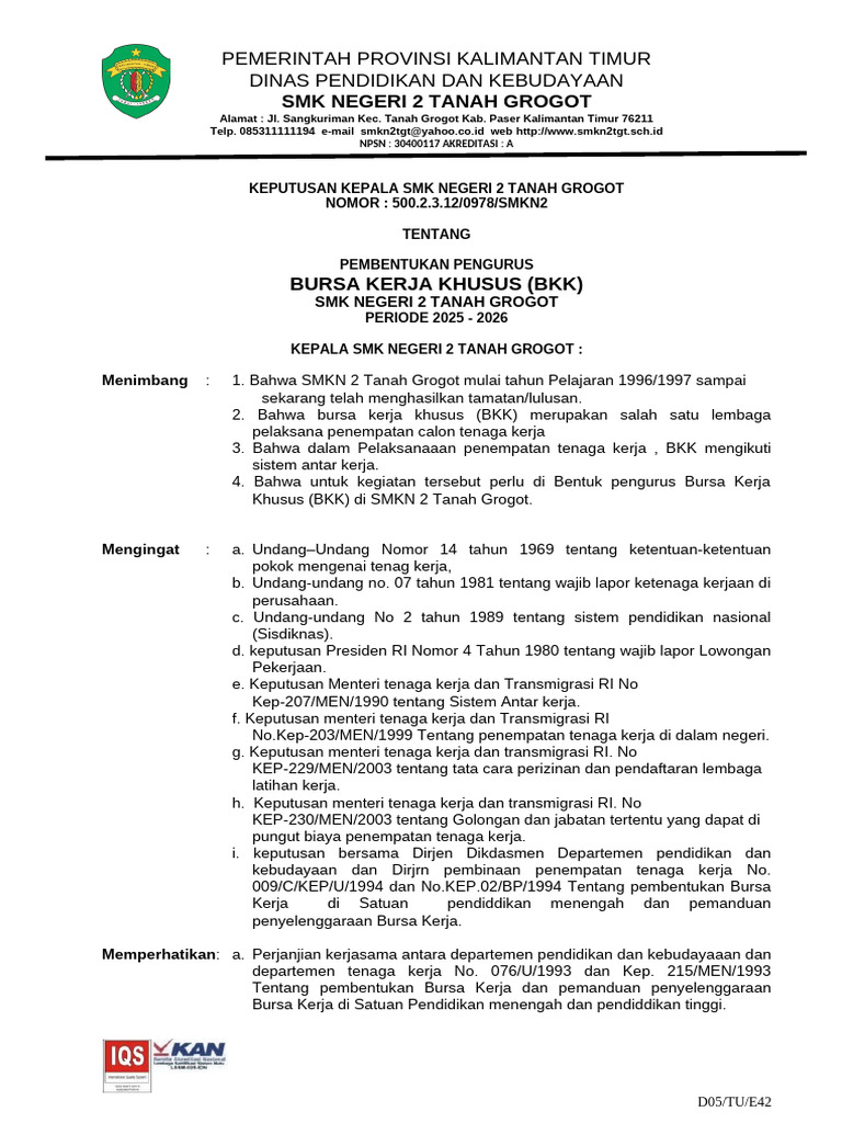 Pembentukan Pengurus BKK SMK 2025-2026 | PDF