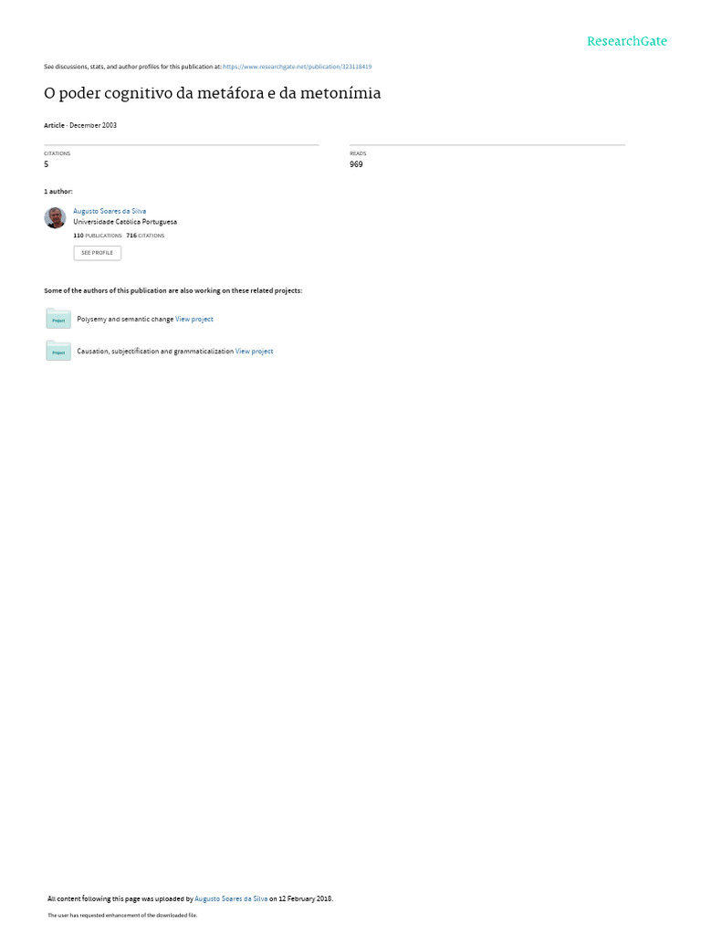 Augusto Soares Da Silva, O Poder Cognitivo Da Metafora e Da Metonimia | PDF