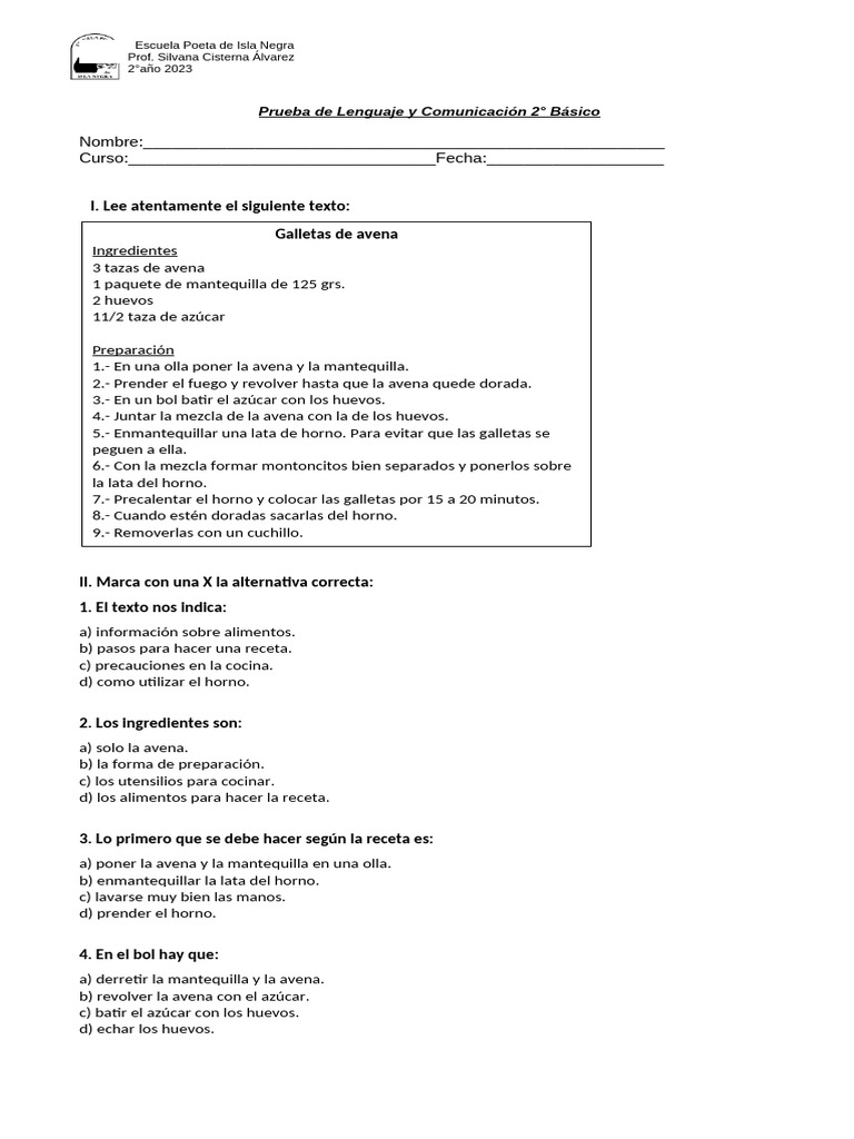 Prueba de Lenguaje 2° Básico: Galletas y Cuentos | PDF | Galleta ...