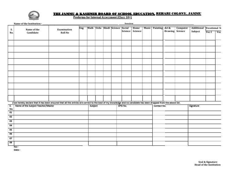 Class 10 Internal Assessment Proforma | PDF