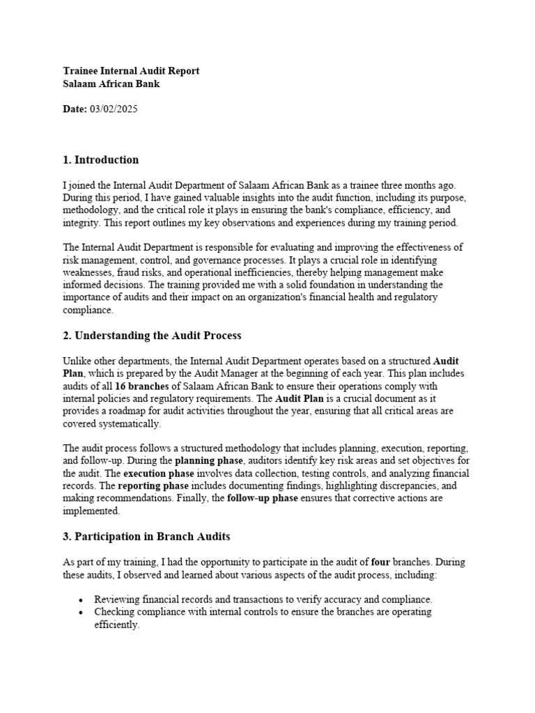 Trainee Internal Audit Report | PDF | Audit | Internal Audit