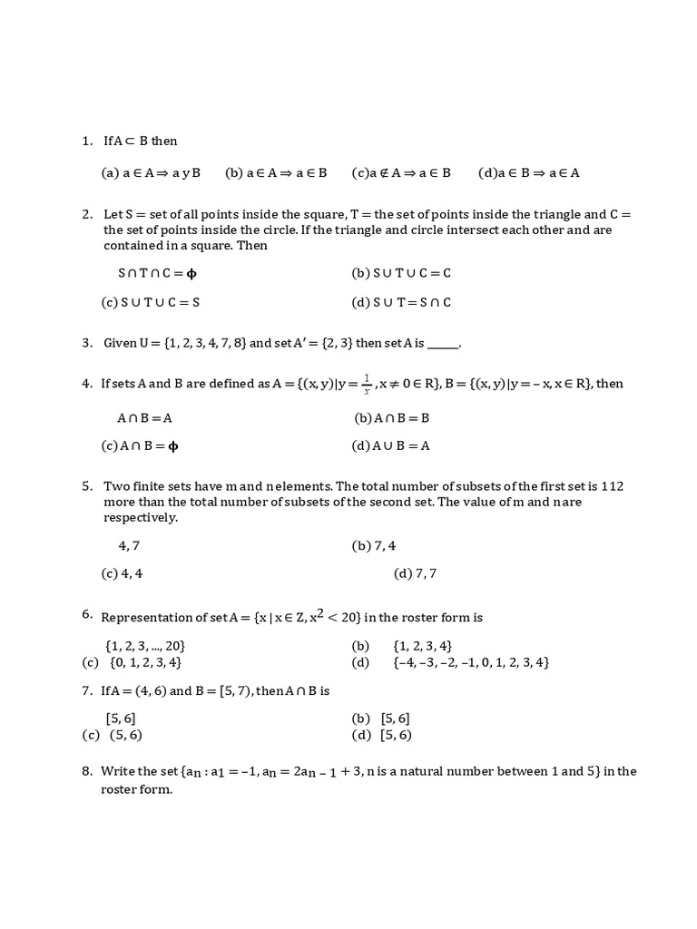 Grade 11 Sets Mathematics Worksheet | PDF | Intersection (Set Theory ...