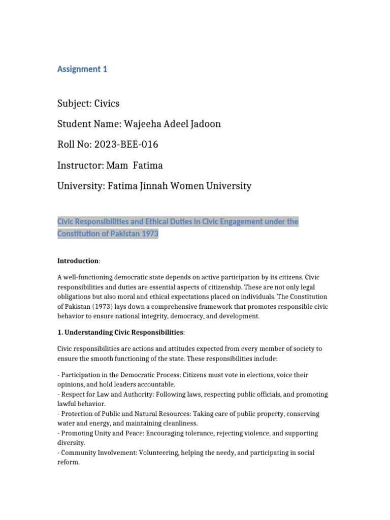 Civic Responsibilities Assignment Wajeeha | PDF | Citizenship | Civic ...