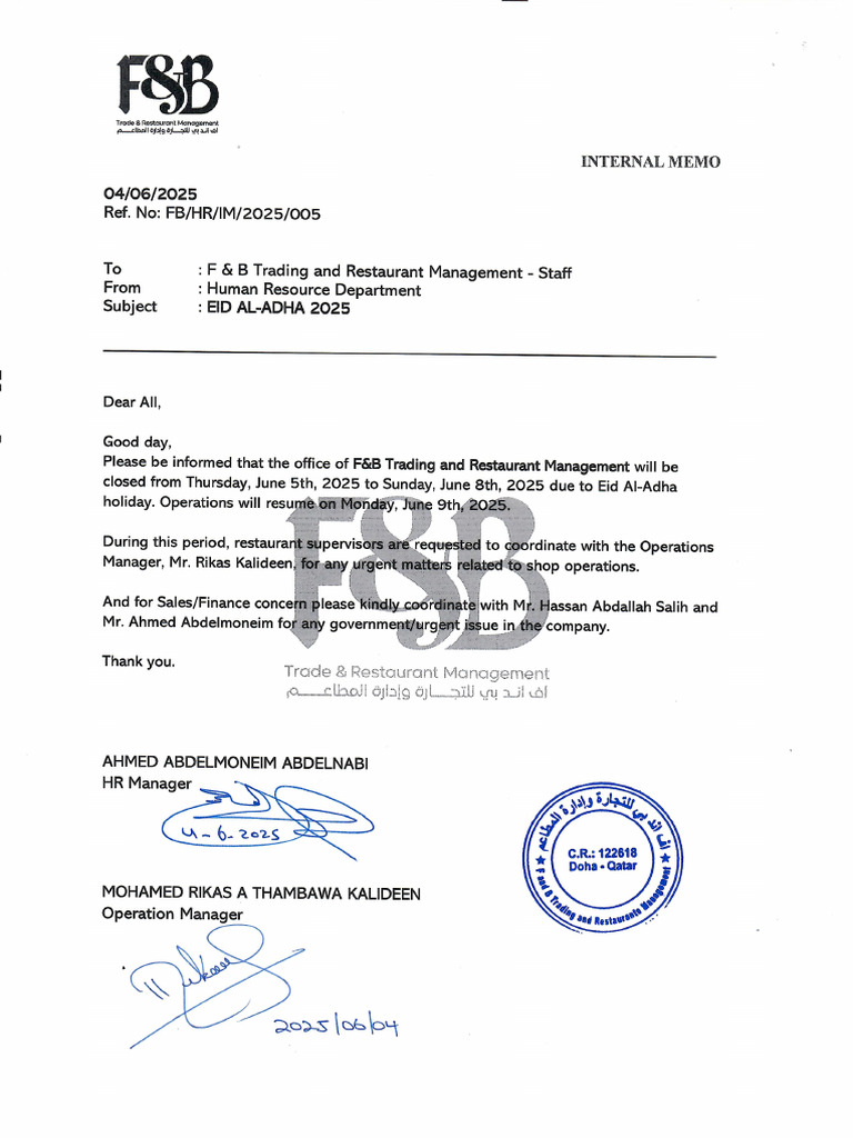Internal Memo - Eid Al Adha 2025 | PDF