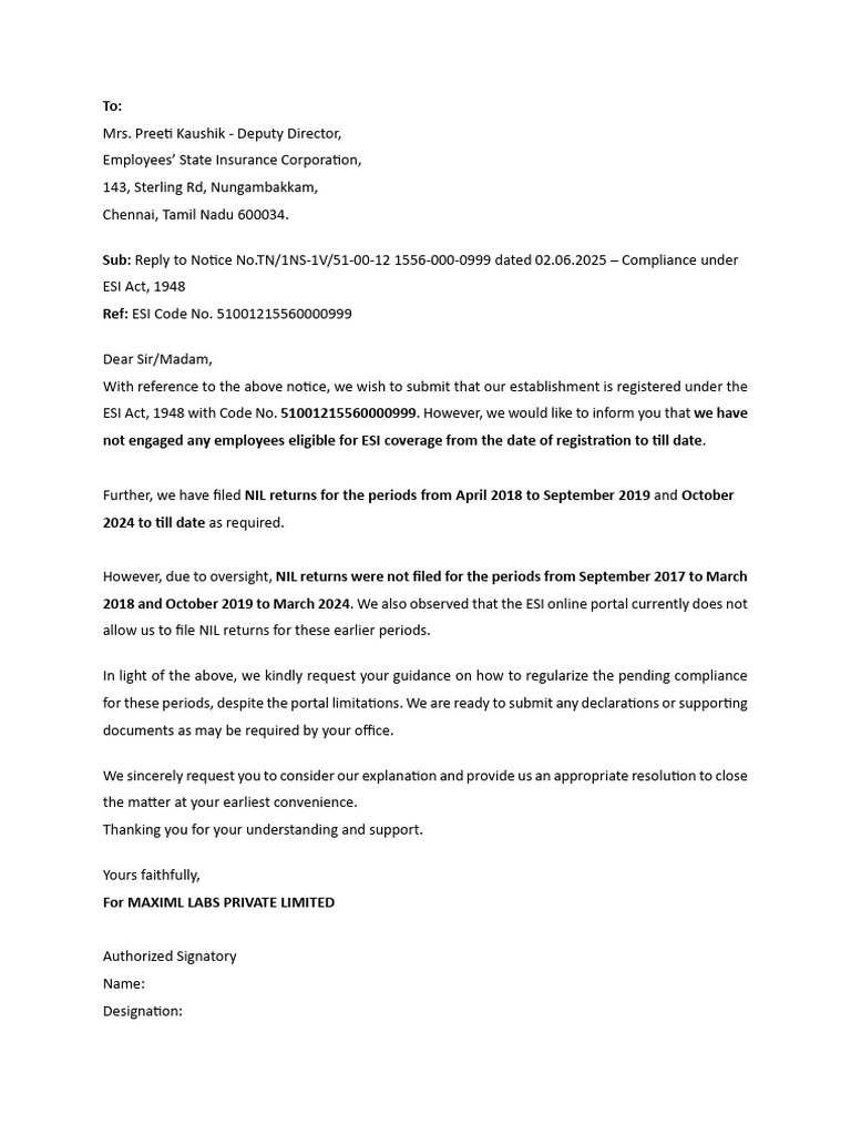 ESIC Notice Reply for NIL Returns Compliance | PDF