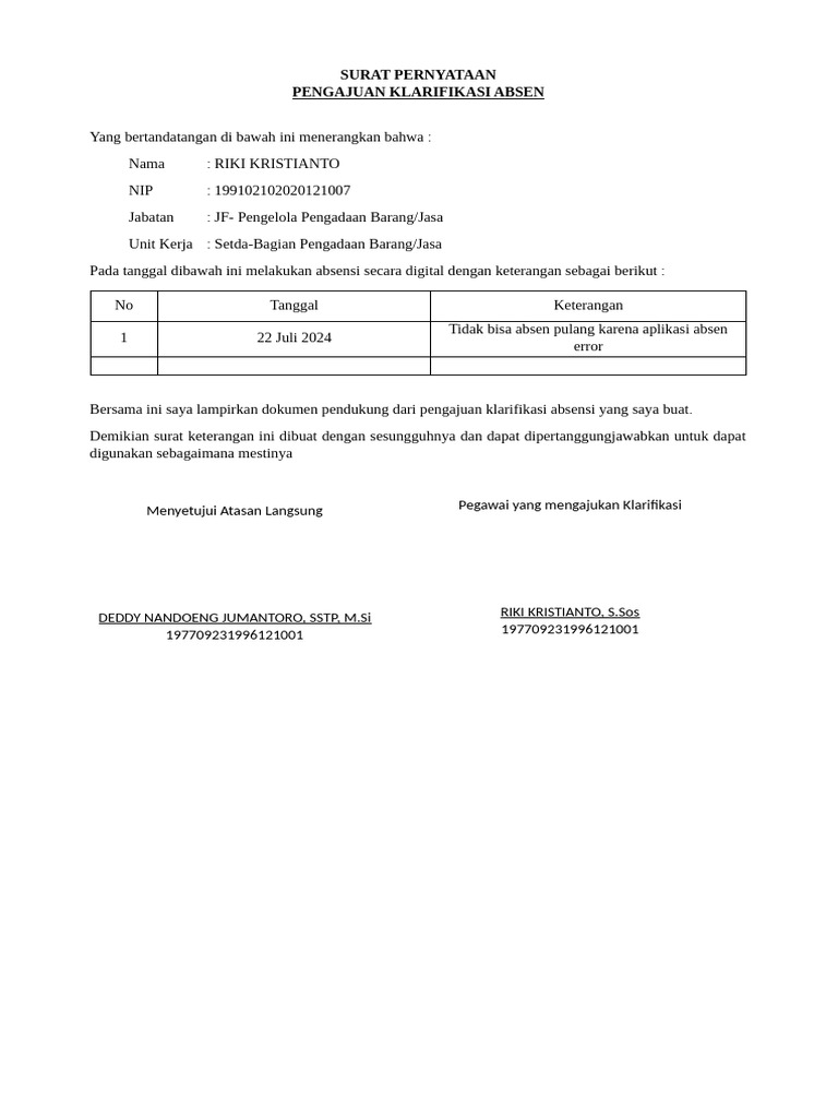 Surat Klarifikasi Telat Absen | PDF