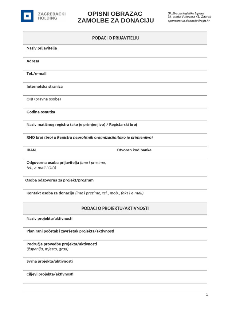 Opisni Obrazac Zamolbe Za Donaciju | PDF