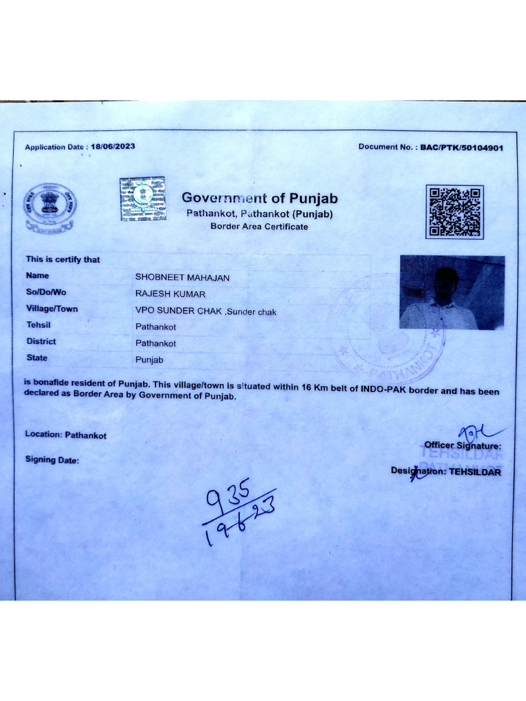 Border Area Certificate | PDF
