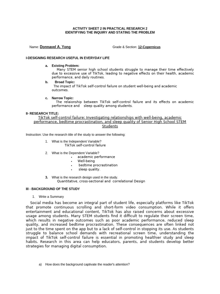 Activity Sheet 2 in Practical Research 2 - Doonnaafinall | PDF | Self ...