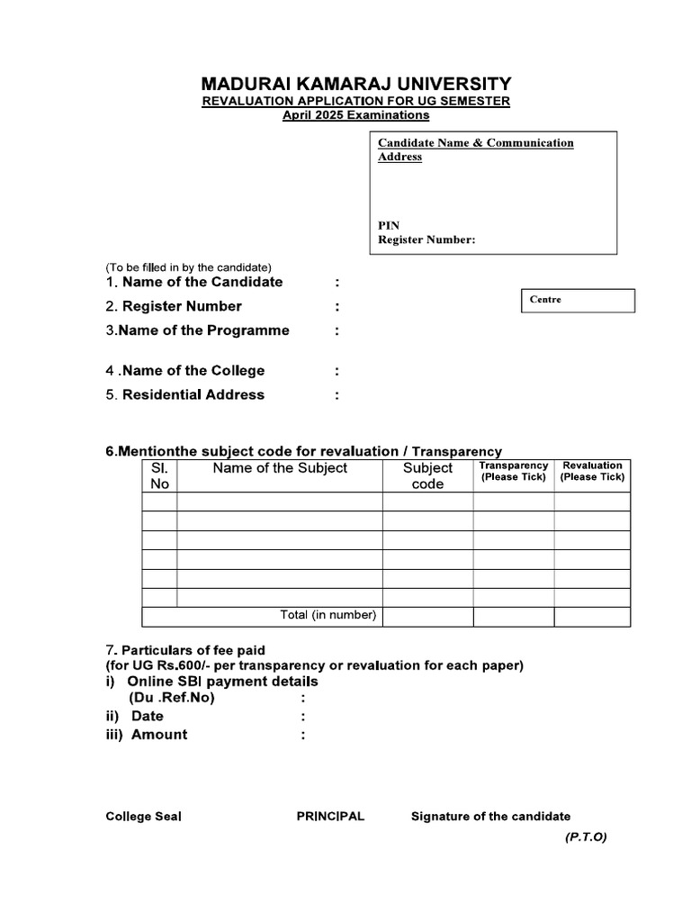 UG Revaluation Form - April 2025 Examinations | PDF