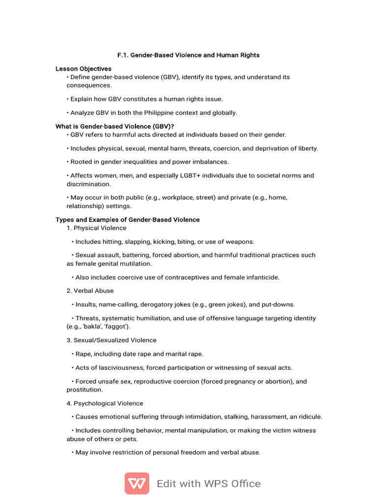 F.1. Gender and Violence Handouts | PDF | Domestic Violence | Violence