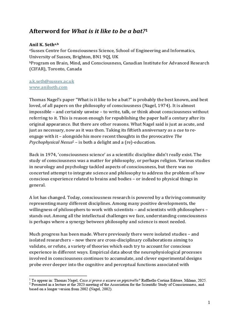 Nagel's Bat: Consciousness Insights | PDF | Consciousness | Experience