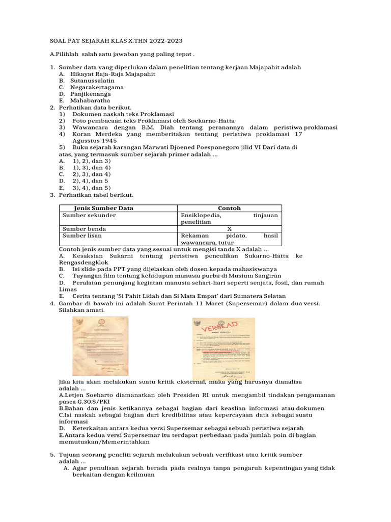 Soal Pat Sej Klas X 2223 SMTR Genap | PDF