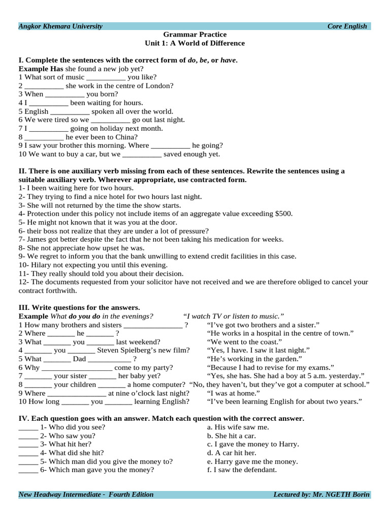Grammar Practice Unit 1-6-Int. | PDF