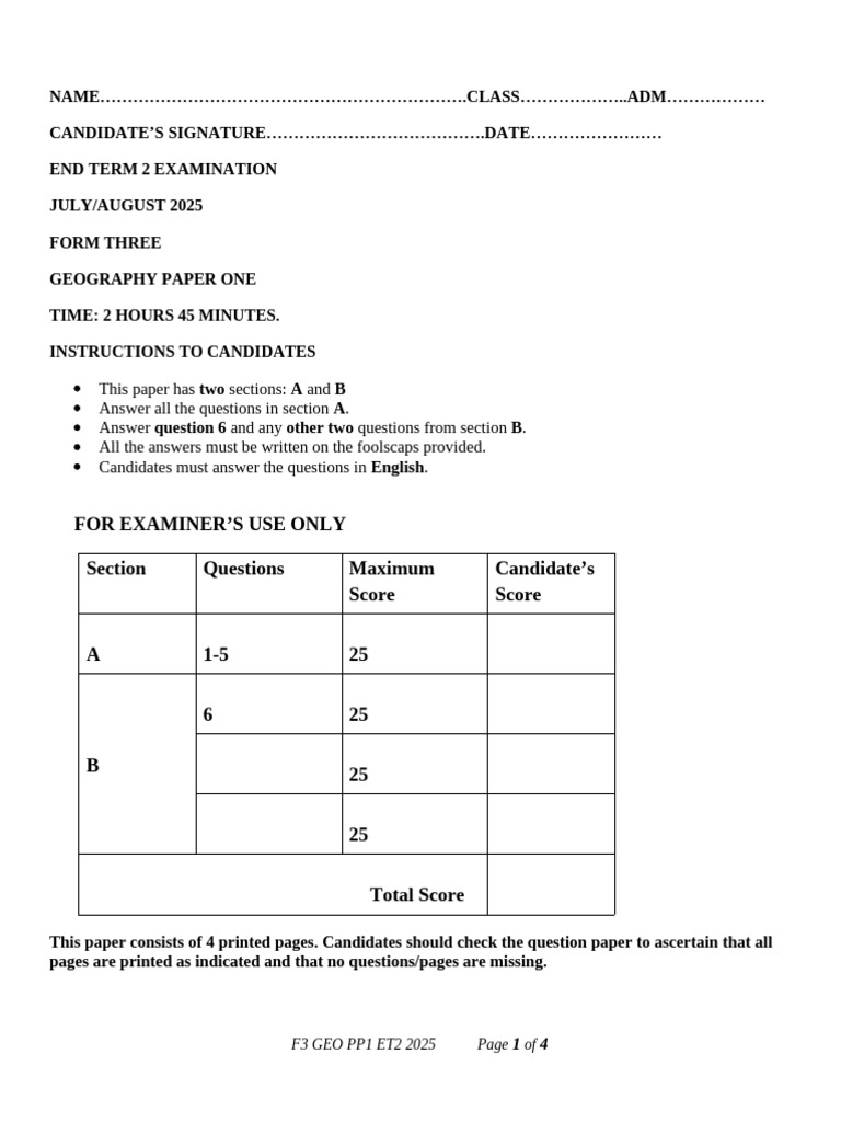 Geography f3 Pp1 Qs | PDF | Rock (Geology) | Physical Geography