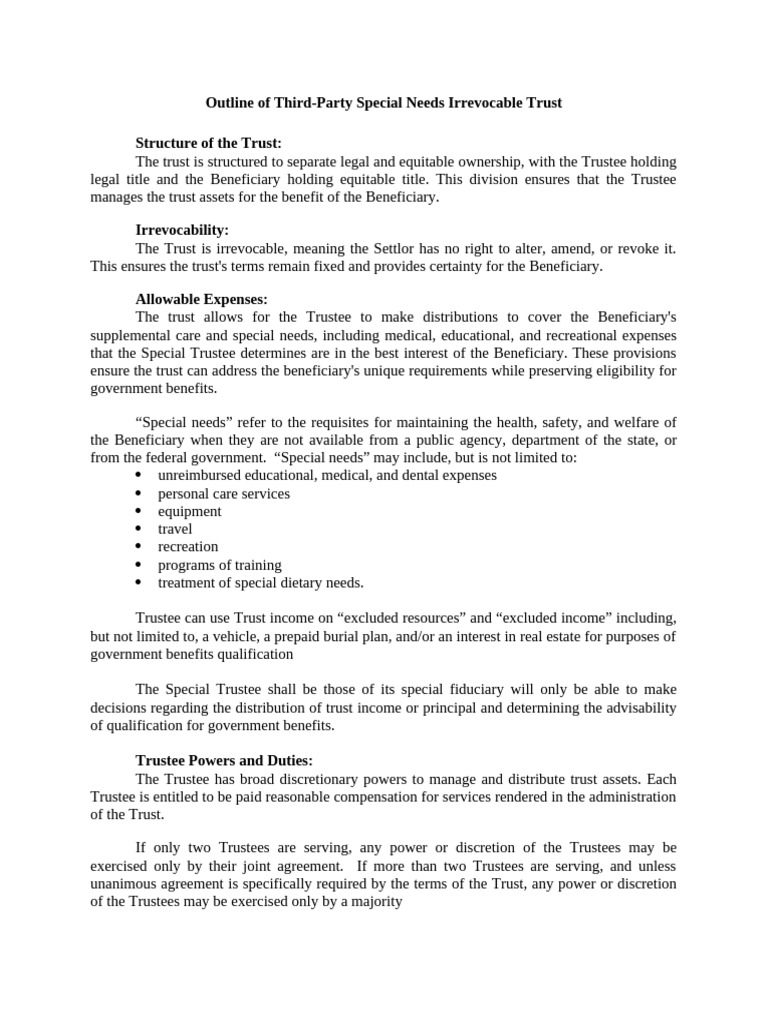 Special Needs Trust Outline | PDF | Trustee | Legal Documents