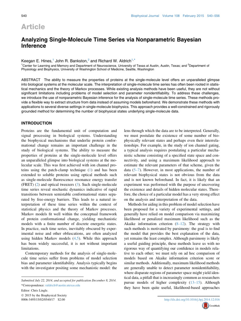 Analyzing Single Molecule Time Series Via Nonparametric 2015 Biophysical Jo | PDF | Statistical ...