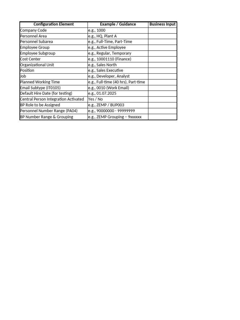 Employee BP HCM Config Inputs | PDF