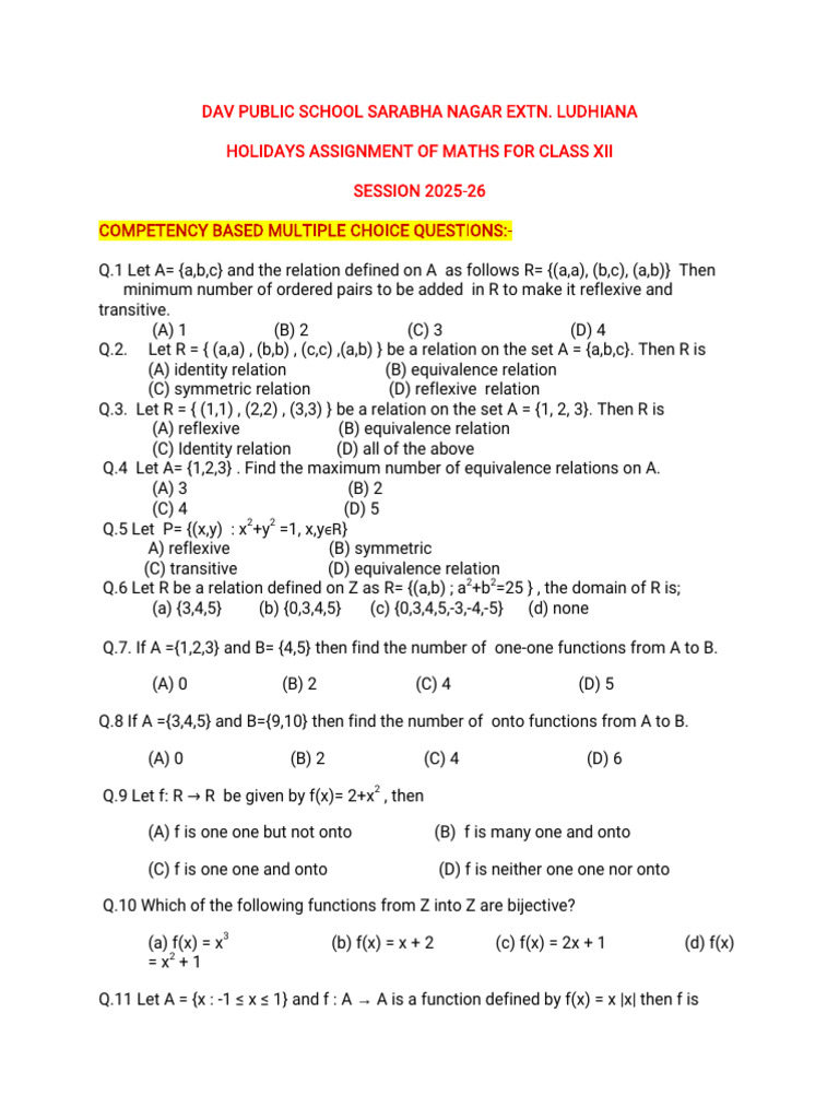 Holidays Assignment Xii 2025-26 | PDF | Function (Mathematics) | Mathematical Relations